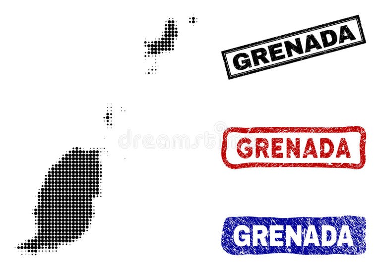 Grenada Map in Halftone Dot Style with Grunge Name Stamps Stock Vector ...
