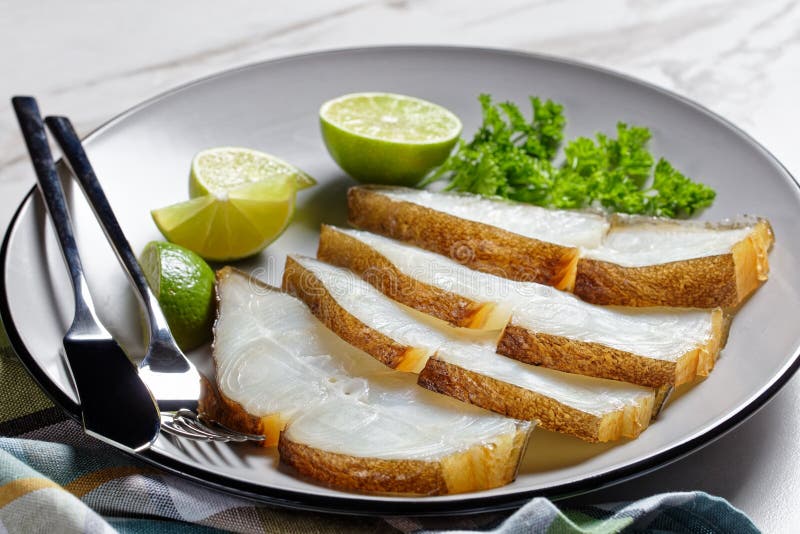 Halibut Fish Slices on a Plate, Top View Stock Image - Image of table ...