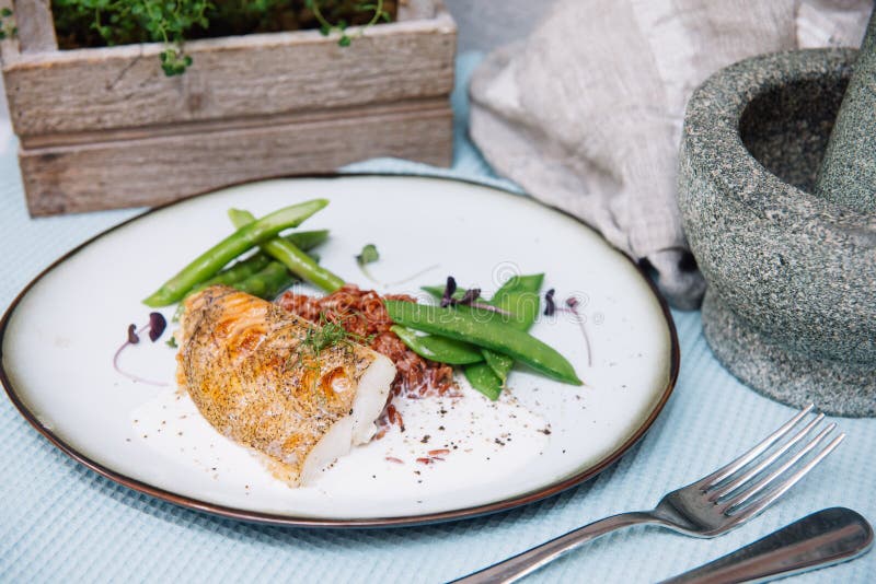 Halibut White Fish in Coconut Sauce with Ruby Rice and Blanched ...