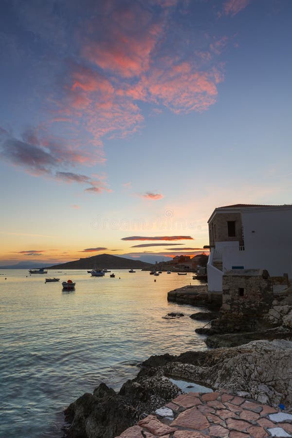 Halki. stock photo. Image of boats, sunrise, village - 96965792