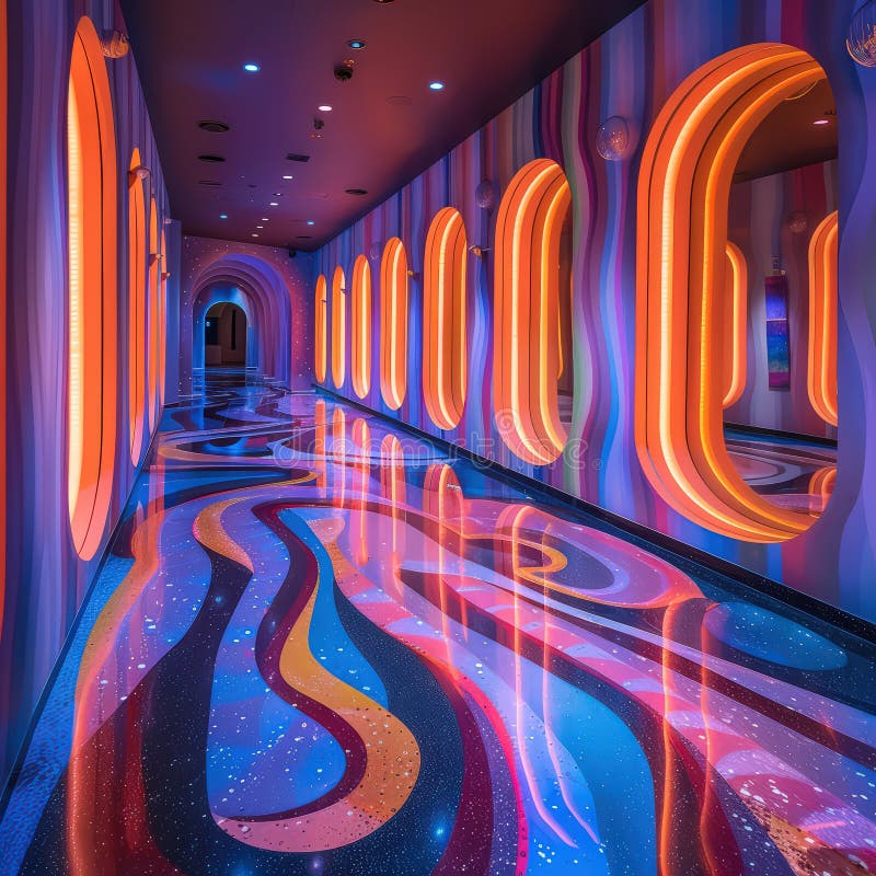 A Futuristic Hall with Glowing Exhibits and Modern Interior ...