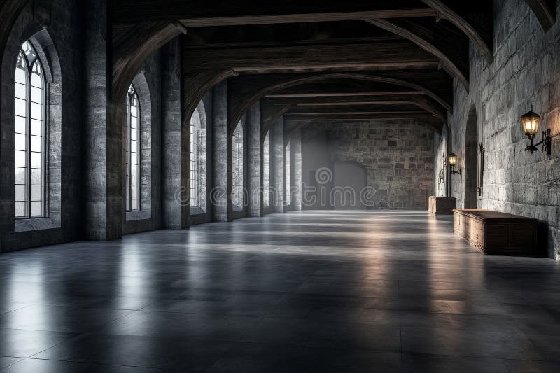Hall in Medieval Castle with Windows and Copy Space Stock Illustration ...