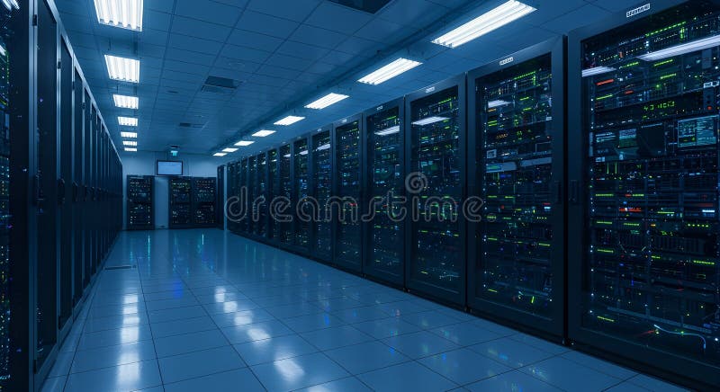 Hall Moderno Do Data Center Com Linhas De Racks De Servidores De Alta ...