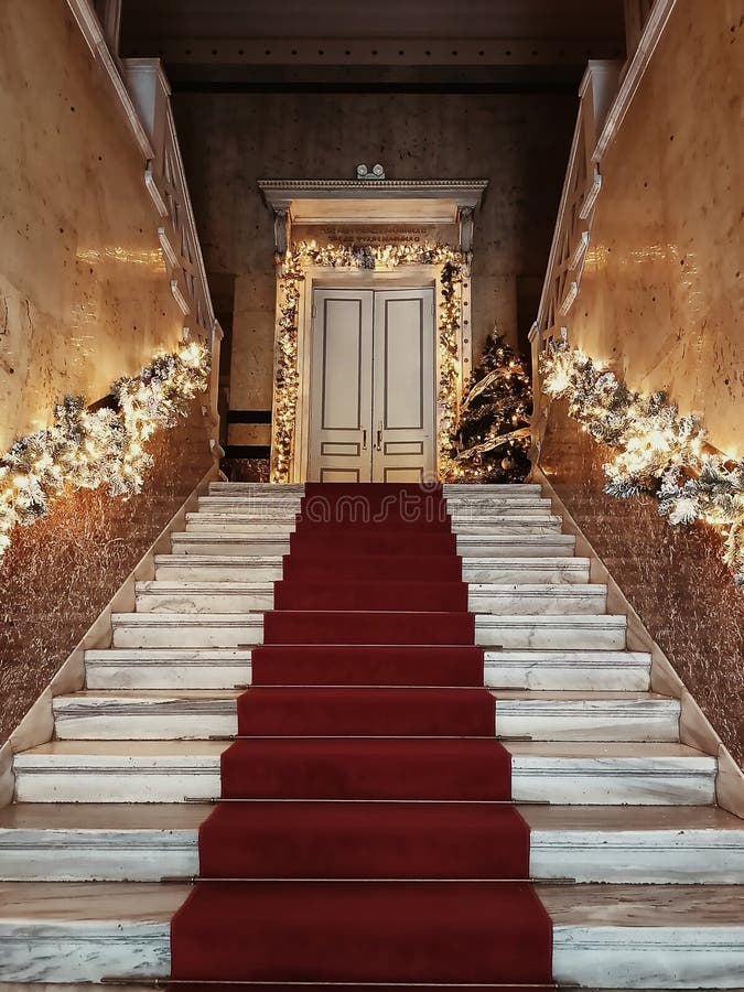 Hall with Stairs with Christmas Decor Stock Image - Image of sparkle ...
