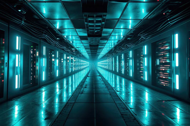 Hall with Super Computer of the Future. Many Computer Units Connected ...