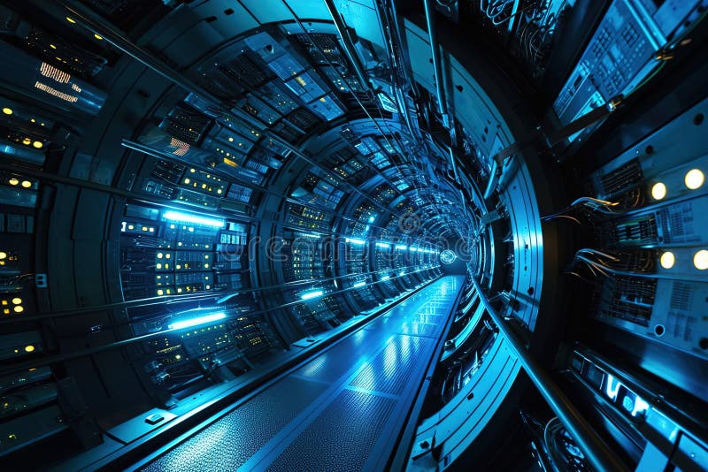 Hall with Super Computer of the Future. Many Computer Units Connected ...