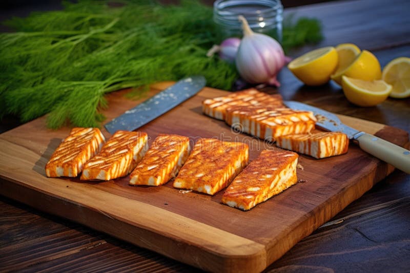 Halloumi Slices Ready for Grilling on Cedar Plank Stock Illustration ...