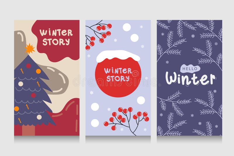 Colorful Winter Banners with Falling Snowflakes, Snowy Trees. Set of ...