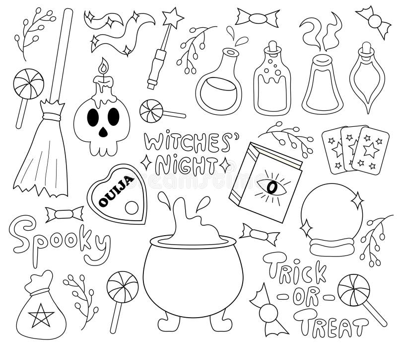 Halloween Element Set. Outline Line Art. Stock Vector - Illustration of ...