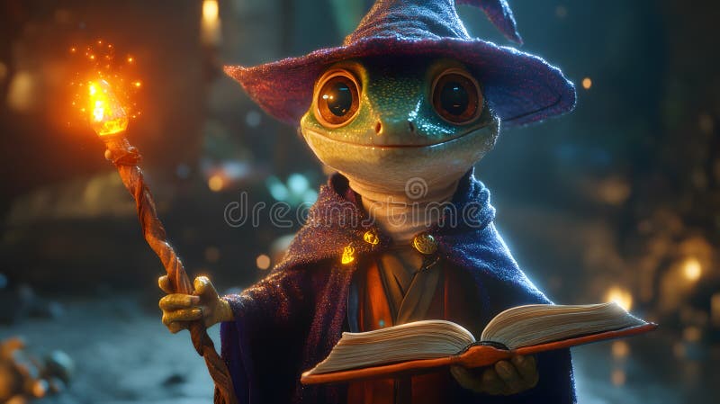 Gecko Dressed As a Wizard with a Tiny Glowing Staff Stock Illustration ...
