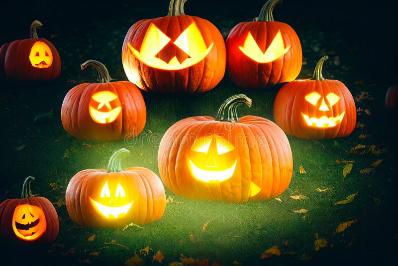 Halloween Autumn Fall Night . Group of Happy Halloween Pumpkins Stock ...