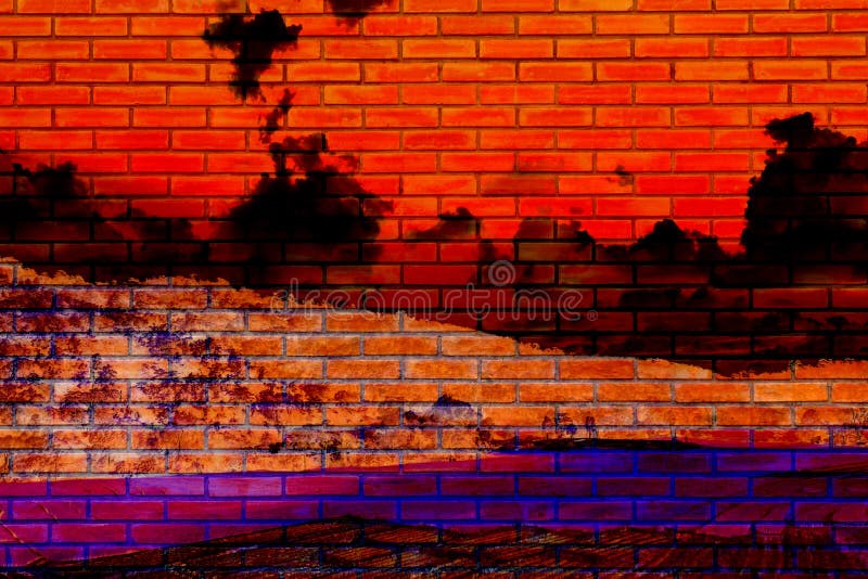 Halloween Background, Brick Wall Reflect from the Hell Sky Color Stock ...