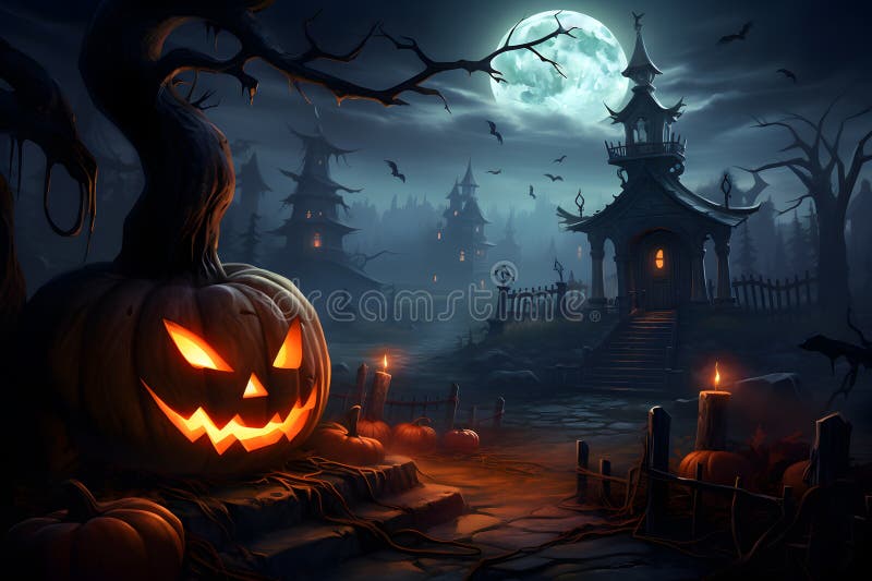 Halloween Background with Dark Night and Evil Pumpkins, Generative AI ...