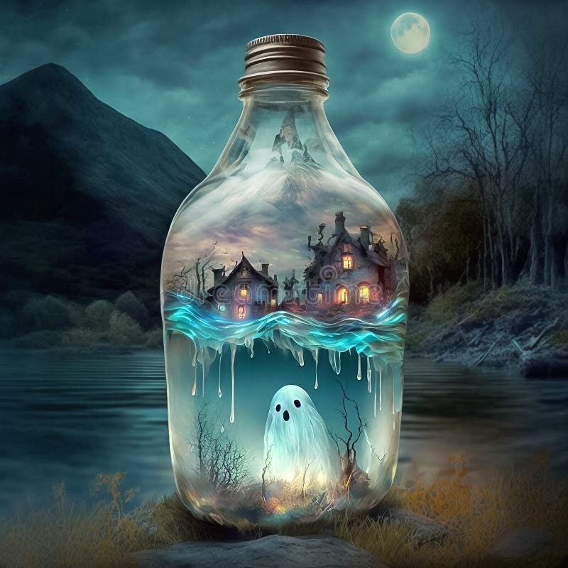 Halloween Background with Haunted House, Ghost and Magic Potion Bottle ...