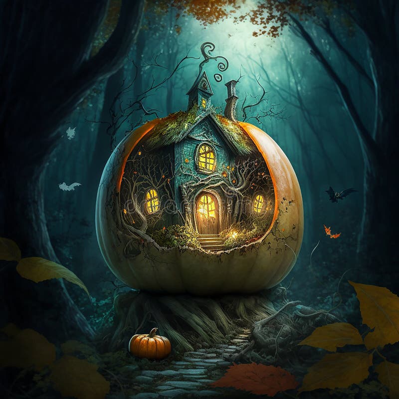 Halloween Background. Huge Pumpkin House in Magical Forest at Night ...