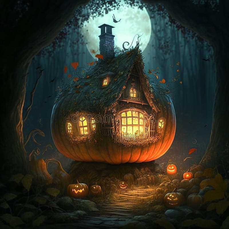 Halloween Background. Huge Pumpkin House in Magical Forest at Night ...