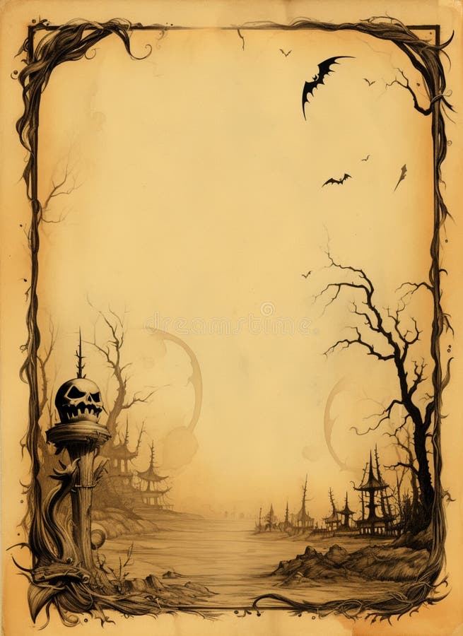 Halloween Background with Old Paper Texture and Skeleton in the Forest ...