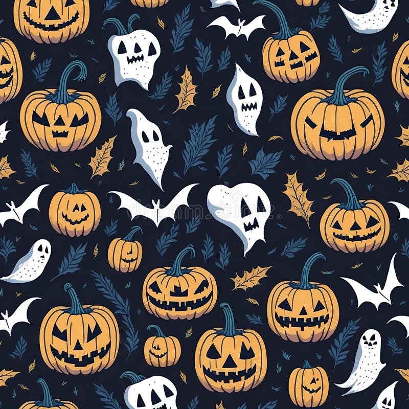 Halloween Background, Scary Halloween Pumpkin, Ghost and Bat Pattern ...