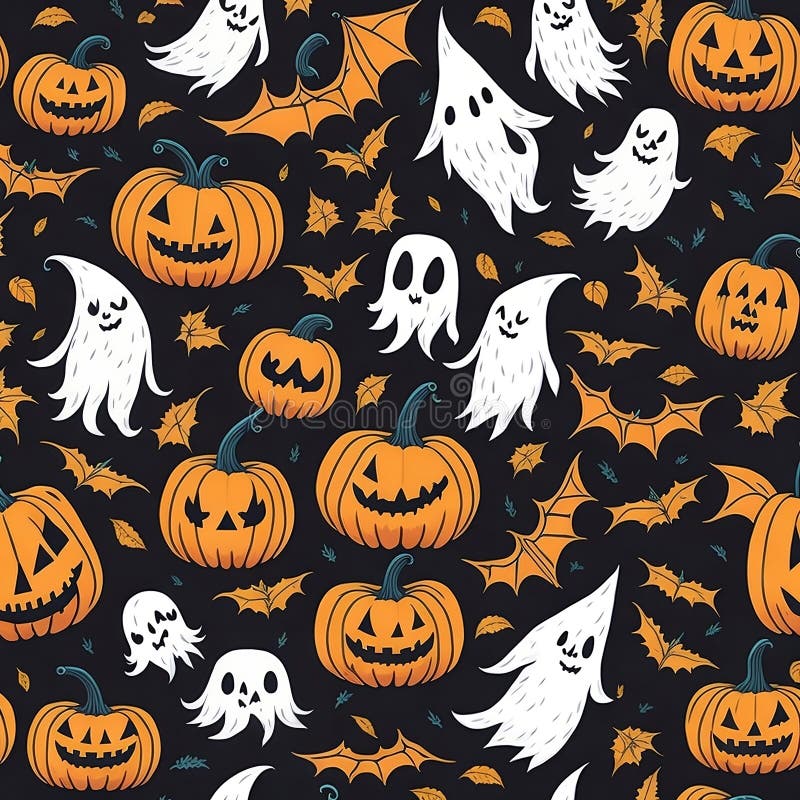 Halloween Background, Scary Halloween Pumpkin, Ghost and Bat Pattern ...
