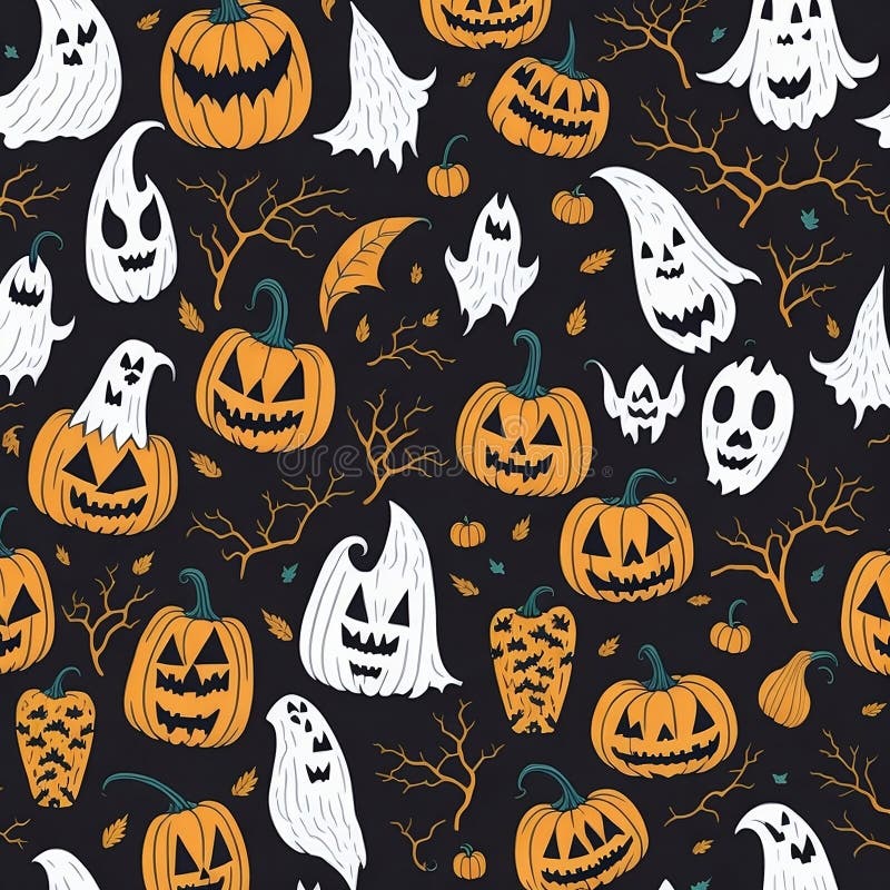 Halloween Background, Scary Halloween Pumpkin, Ghost and Bat Pattern ...