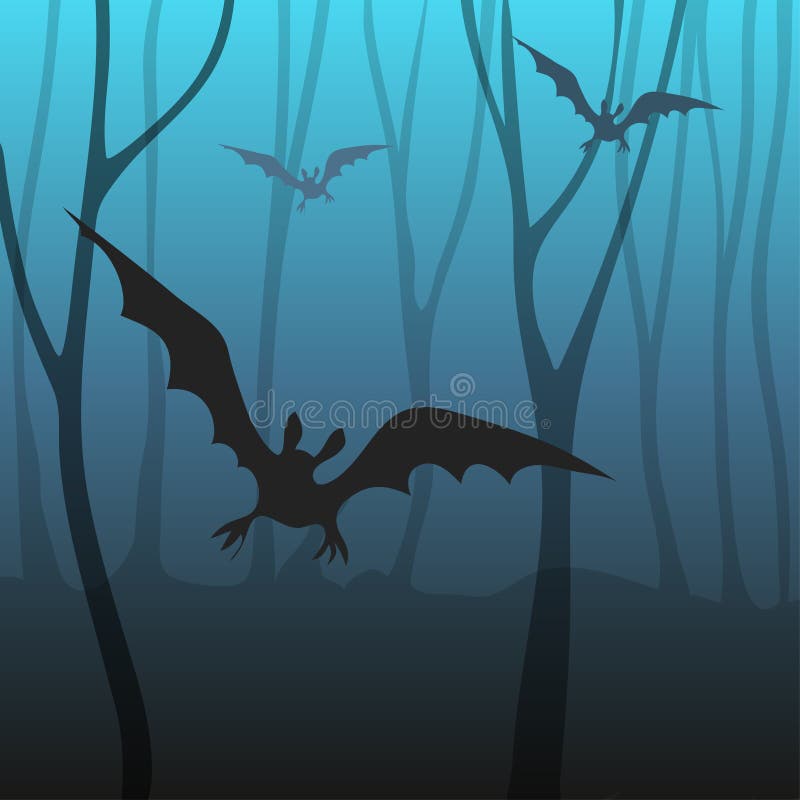 Halloween Background.Spooky Forest with Bats Flying Stock Illustration ...