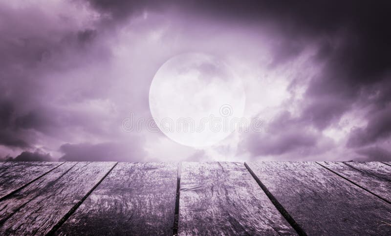 Halloween Background. Spooky Sky with Full Moon and Wooden Table Stock ...