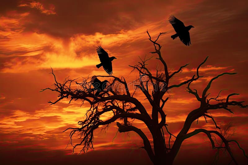 Halloween Background with Tree and Ravens on Orange Sunset Sky. a ...