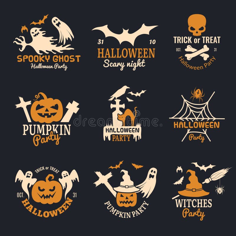 Halloween Badges. Party Scary Logo Horror Symbols Skull Bones Vector ... Halloween Badges. Party Scary Logo Horror Symbols Skull Bones Vector ...