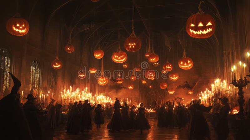 Halloween Ball in a Gothic Hall with Jack-o -Lantern Decorations Stock ...