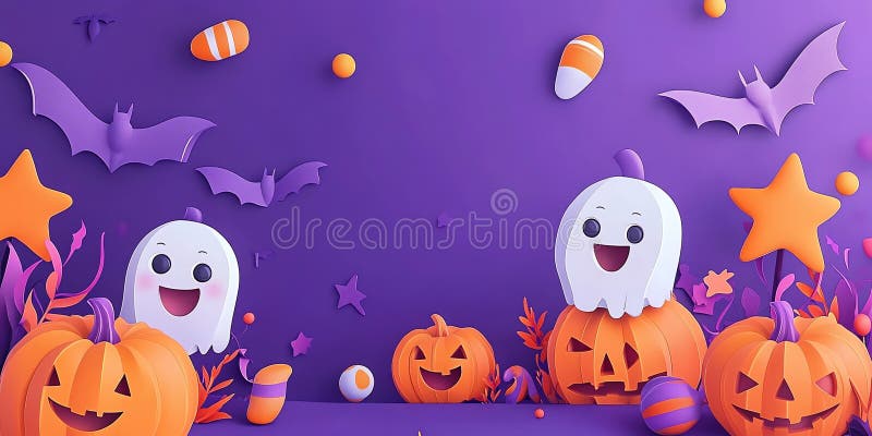 Halloween Banner Frame with Ghosts, Bats and Pumpkins in Paper Cut ...