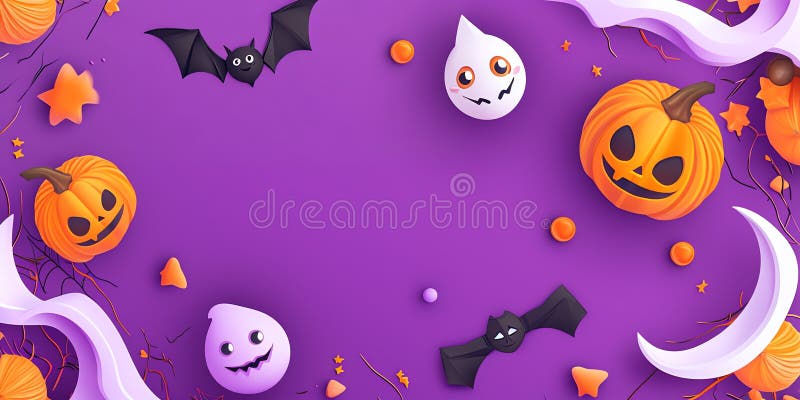 Halloween Banner Frame with Ghosts, Bats and Pumpkins in Paper Cut ...