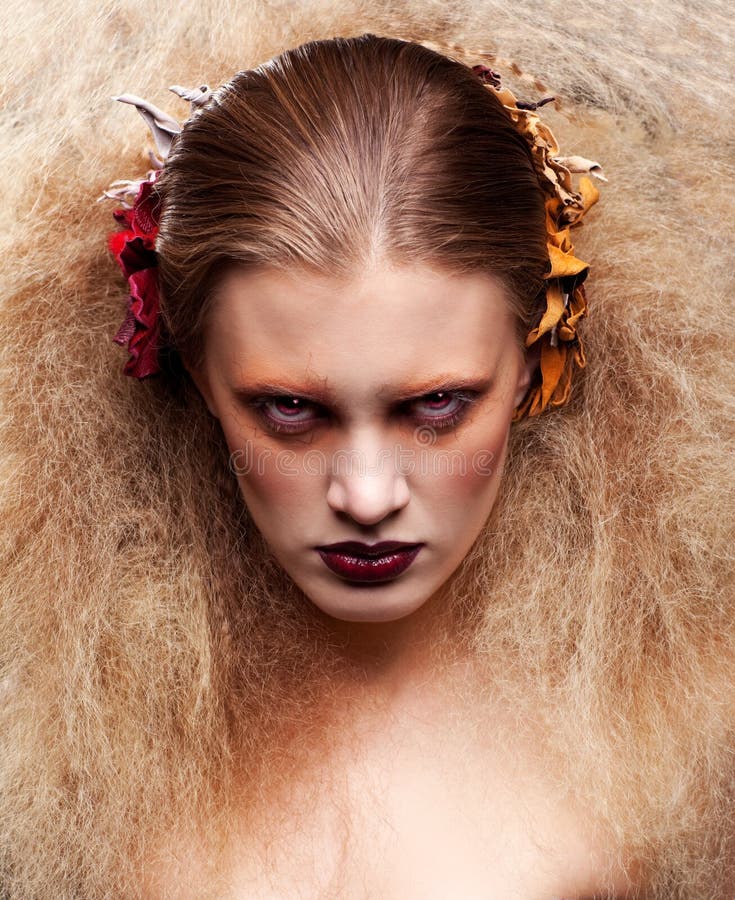 Halloween Beauty and Makeup Concept. Fashion Model Girl with Red Smoky ...