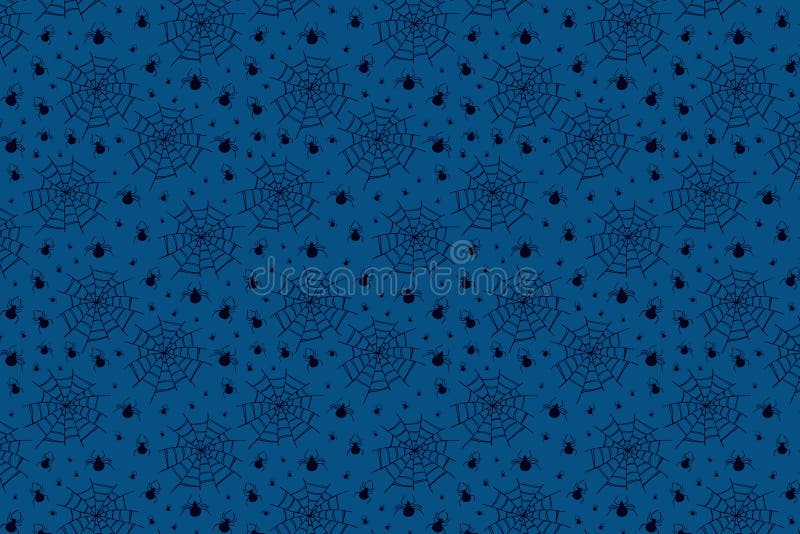 Halloween Blue Background with Black Drawn Spiders and Spiderweb Stock ...