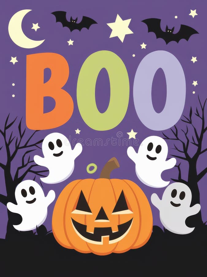 Halloween Boo Poster with Ghosts, Jack-O-Lantern, Moon, and Bats Stock ...