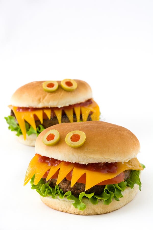 Halloween Burger Monsters With French Fries On Wood Stock Photo - Image ...