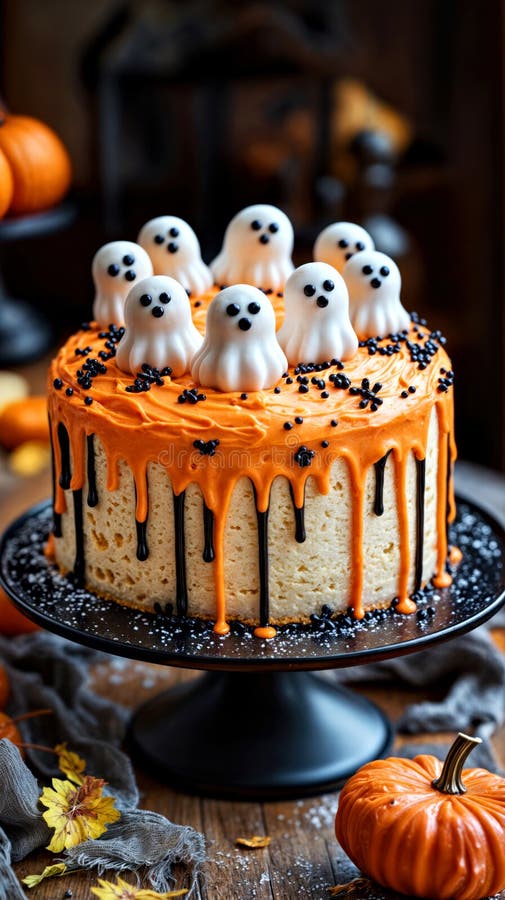 Halloween Cake with Ghost Decorations and Orange Icing Drip Stock Illustration - Illustration of ...