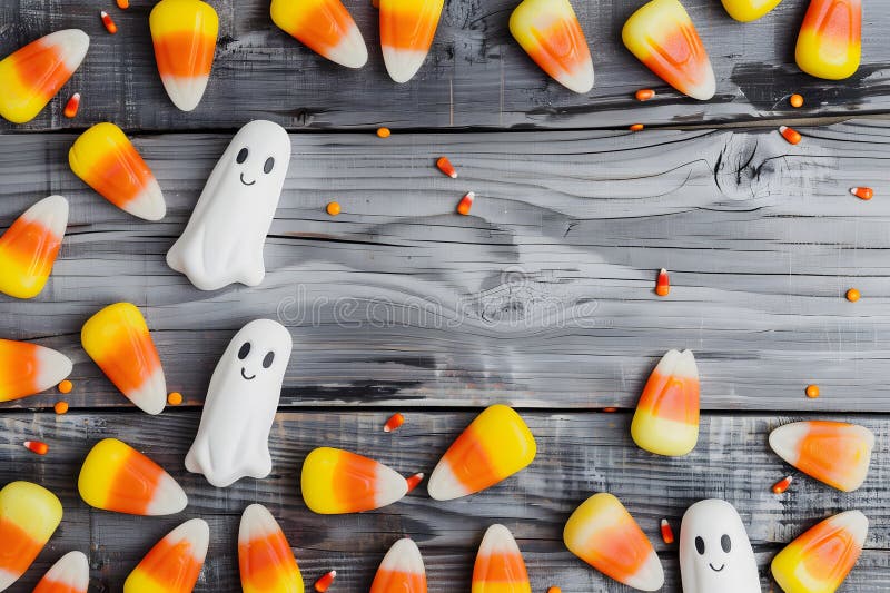 Halloween Candy Corn and Ghost Candies on Rustic Wood Background Stock ...