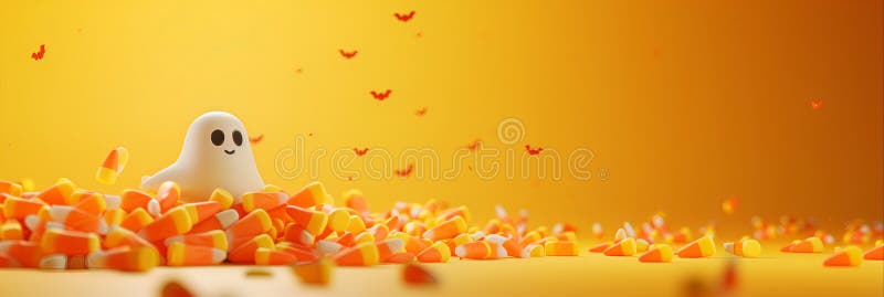 Halloween Candy Corn Ghosts and Sweets on Yellow Background Stock ...