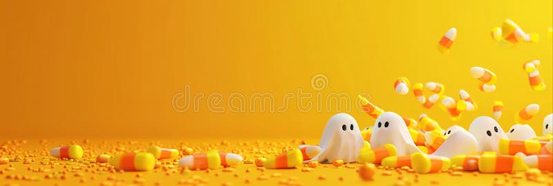 Halloween Candy Corn Ghosts and Sweets on Yellow Background Stock ...
