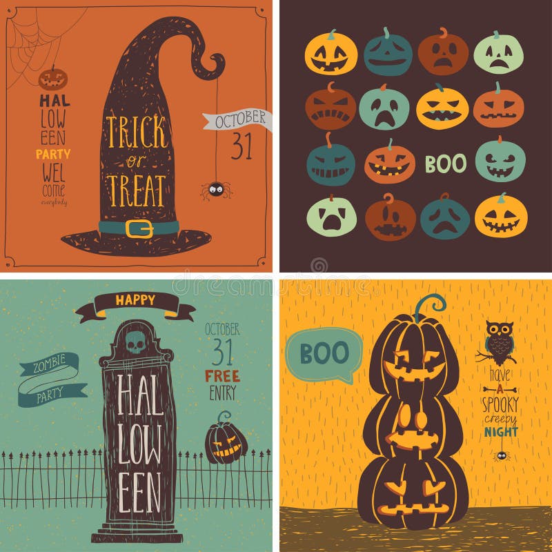 Halloween Cards Set - Hand Drawn Style. Stock Vector - Illustration of ...