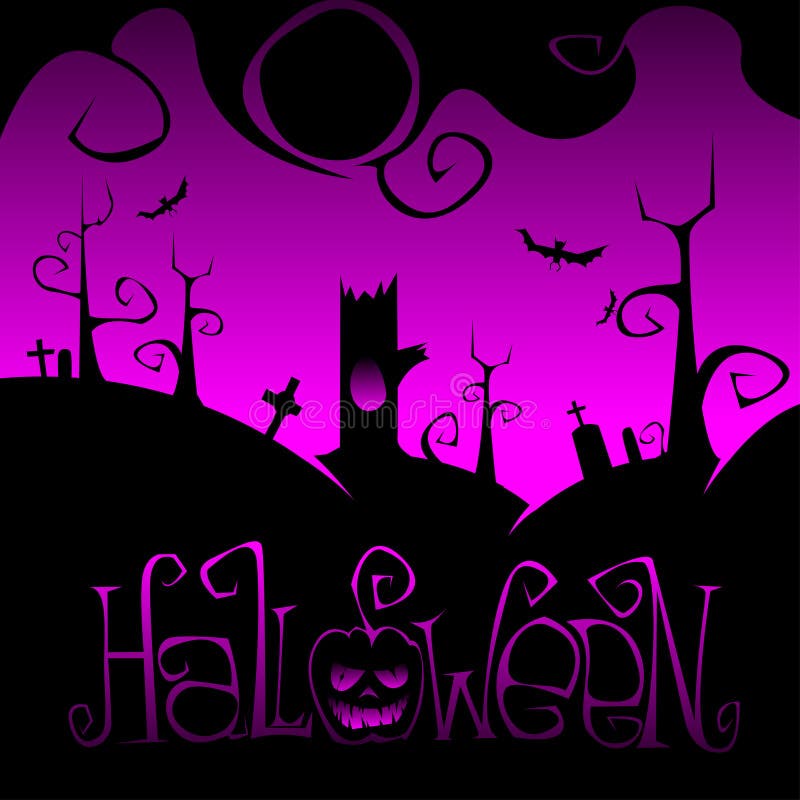 Halloween Cartoon Vector Decorations with Pumpkin, Trees on Graveyard ...