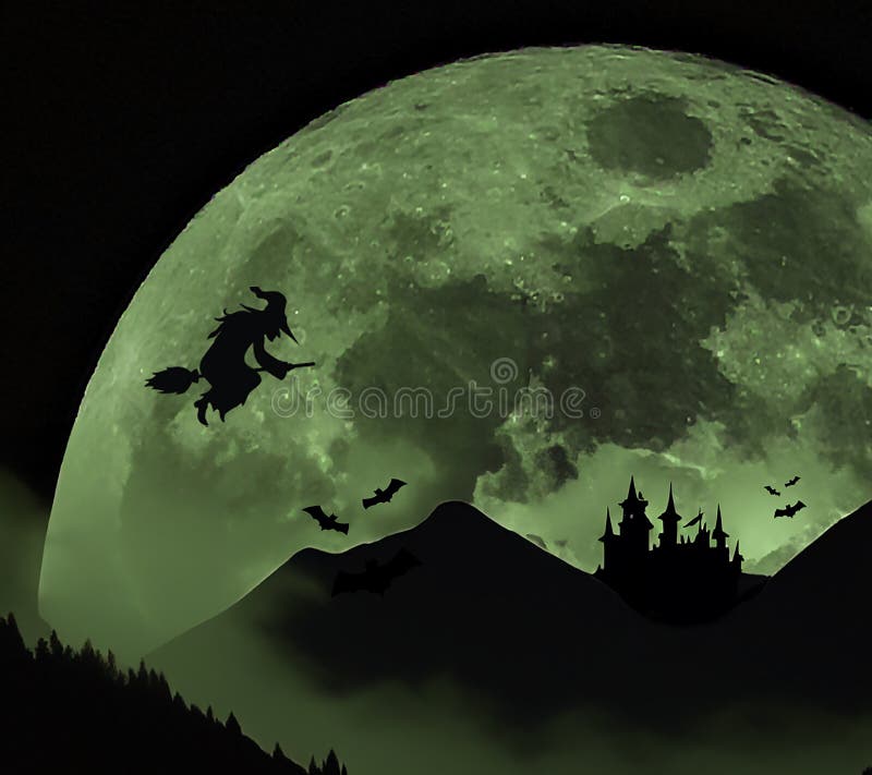 Halloween Castle Set in Front of a Spooky Moon with a Witch and Bat ...
