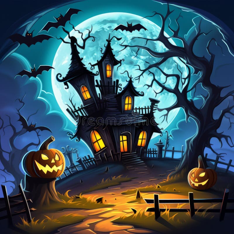 Hyper-detailed Halloween Illustration with Full Moon, Pumpkins, and ...