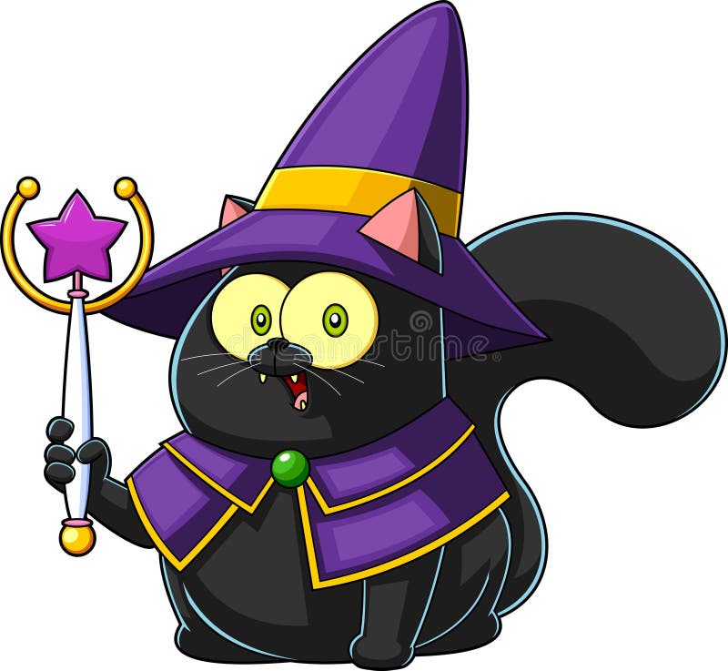 Halloween Witch Black Cat Cartoon Character Holding a Magic Wand Stock ...