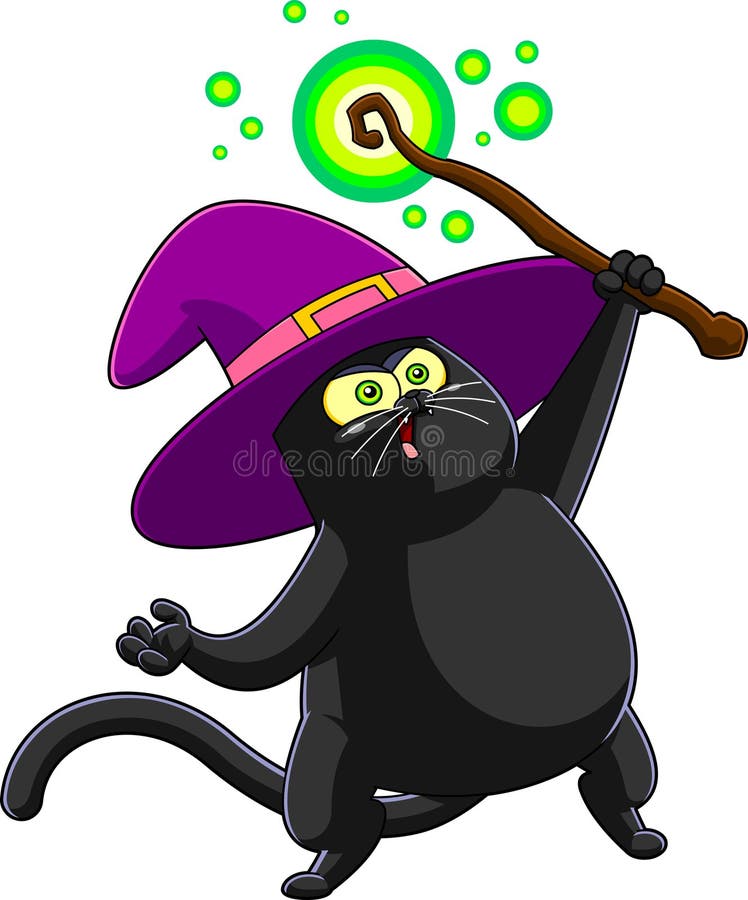 Halloween Witch Black Cat Cartoon Character with Magic Wand Making ...