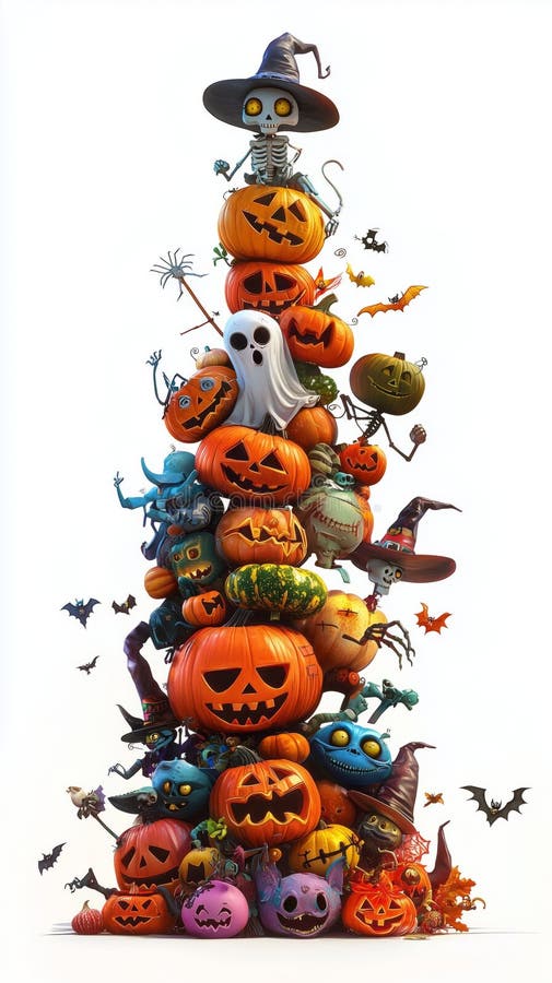 Halloween Characters and Pumpkins Creating a Vertical Stack Stock ...