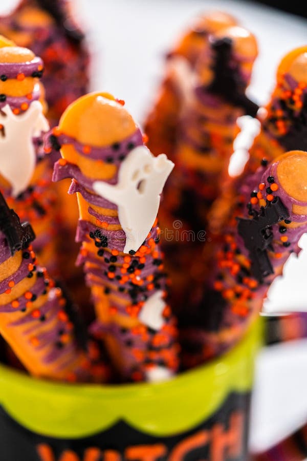 Halloween Chocolate-covered Pretzel Rods Stock Image - Image of scary ...