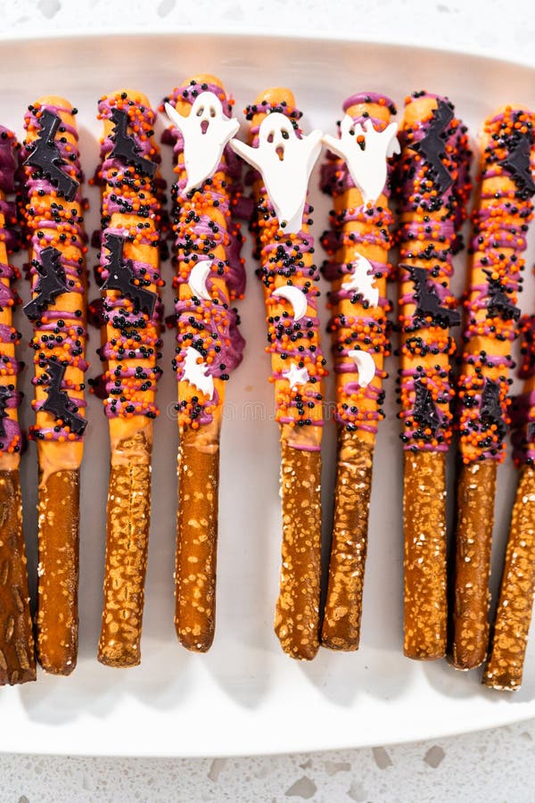 Halloween Chocolate-covered Pretzel Rods Stock Image - Image of ...
