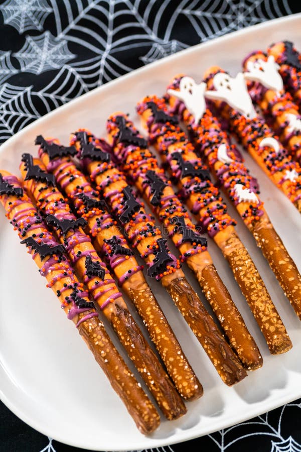 Halloween Chocolate-covered Pretzel Rods Stock Image - Image of making ...