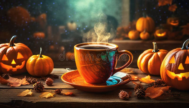 Halloween Coffee with Pumpkins As Lanterns Stock Illustration ...